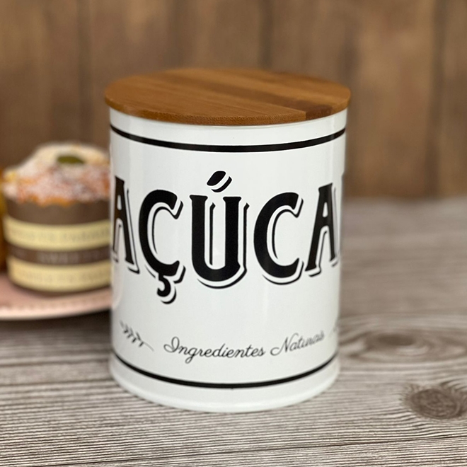 Pote De Lata Redondo Branco Com Tampa Bambu Açúcar 12 Lts Você Compra Na Reviva Home