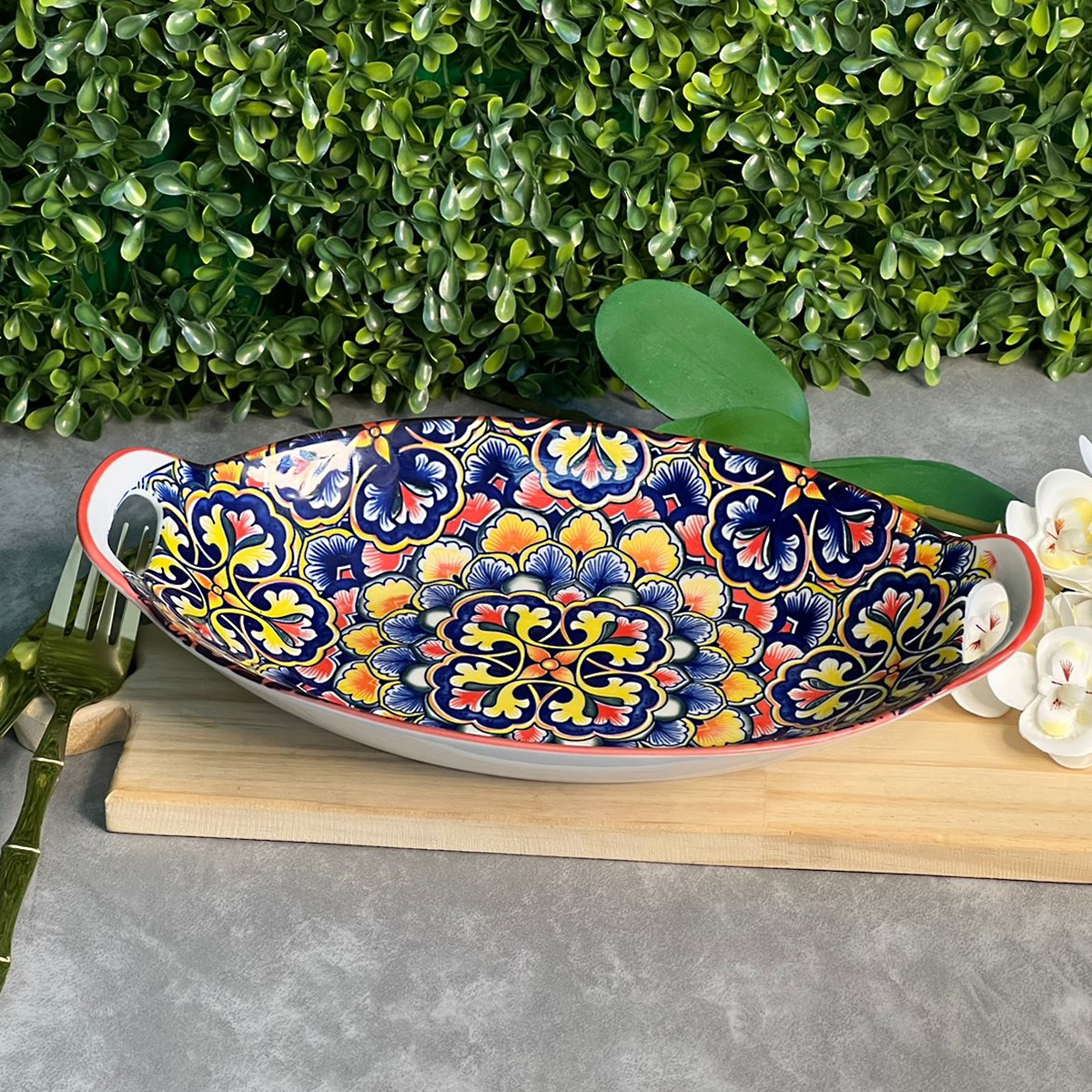 Travessa Oval Cerâmica Com Alça Estampa Azulejo Colorido 27cm: você ...